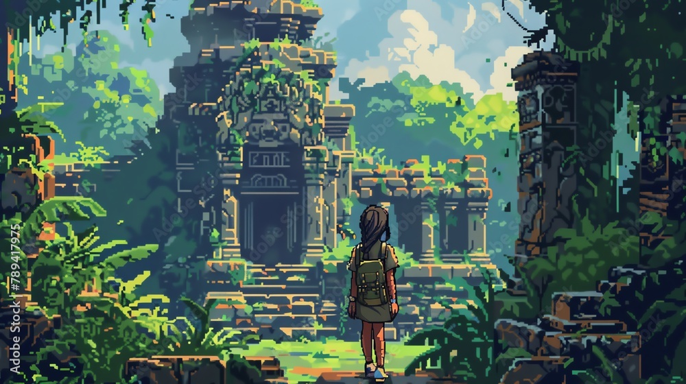 Pixel art of a girl adventurer with a backpack, exploring a pixelated ...