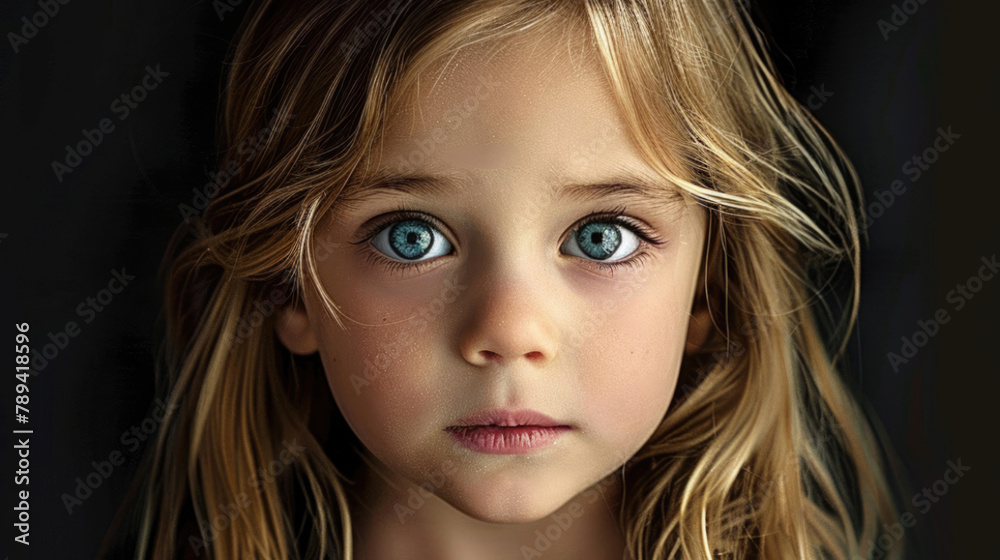 Pretty 7s kid portrait isolated on black background. Attractive little ...