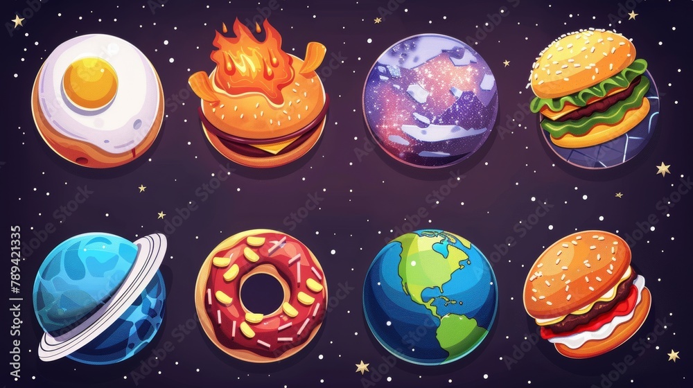 ภาพประกอบสต็อก Space food planets. Modern cartoon funny set of donut ...