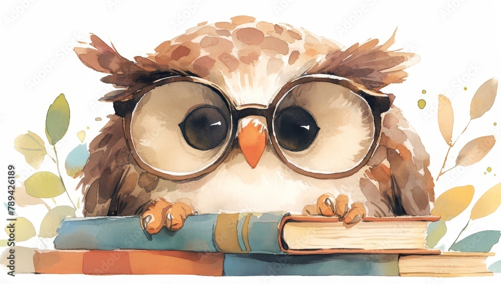 watercolor cute owl with glasses sitting on top of pile colorful books ...