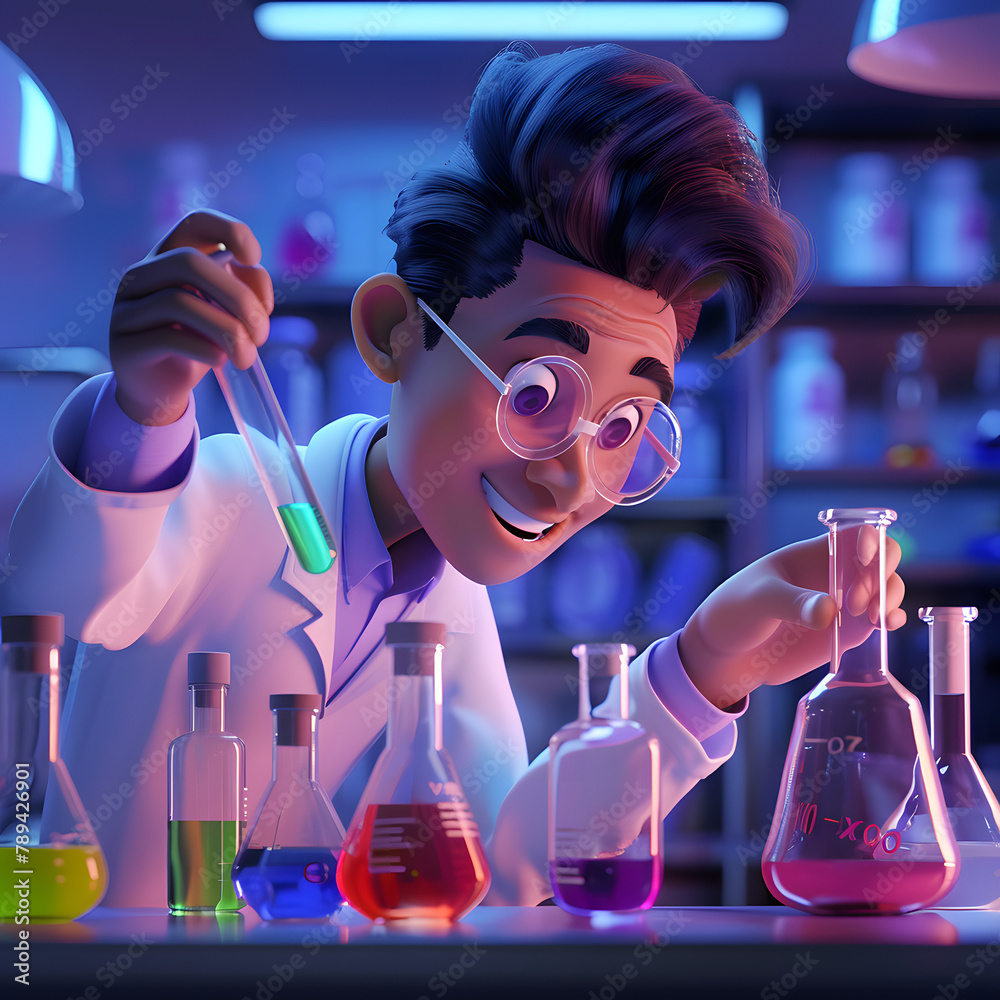 Cartoon illustration 3D style of a Scientist working research ...