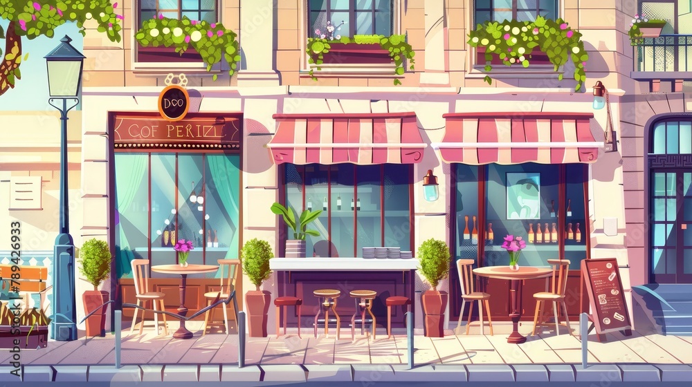 In front of an arched window is a city cafe exterior with an outdoor ...