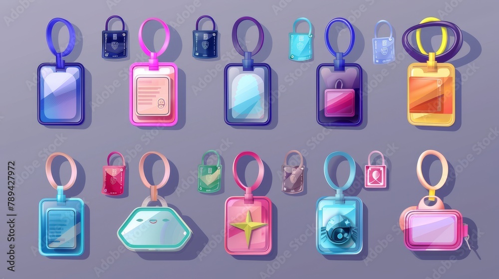 An isolated 3d modern mockup set of id cards, belt clips, badges and ...