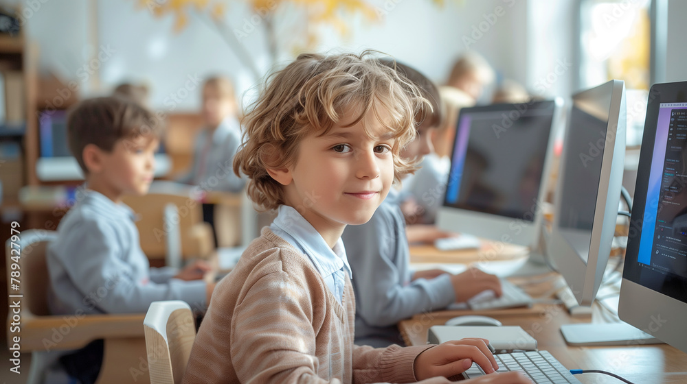 Elementary School Computer Science Classroom: Diverse Group of Little ...