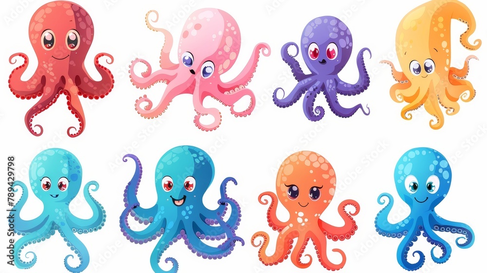 The cute color octopuses with tentacles. Sea animals with suckers on ...