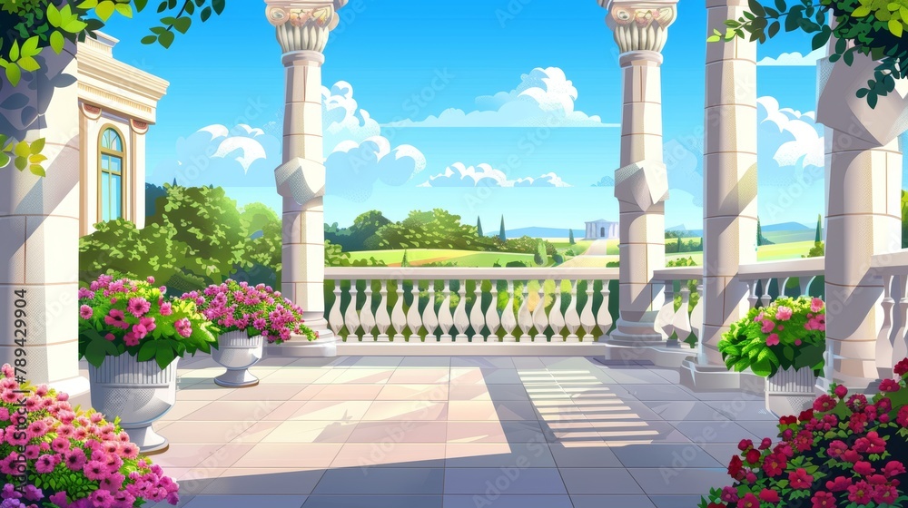 Terrace with white marble balustrade and flowers in pots. Modern ...