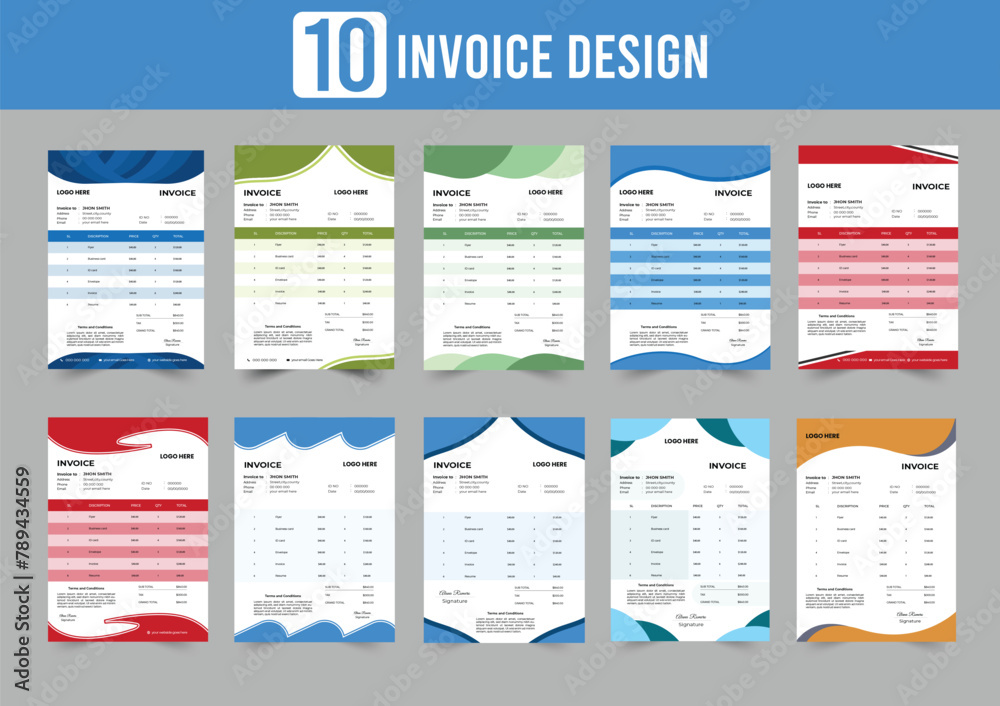 Professional invoice template collection vector with abstract shapes ...