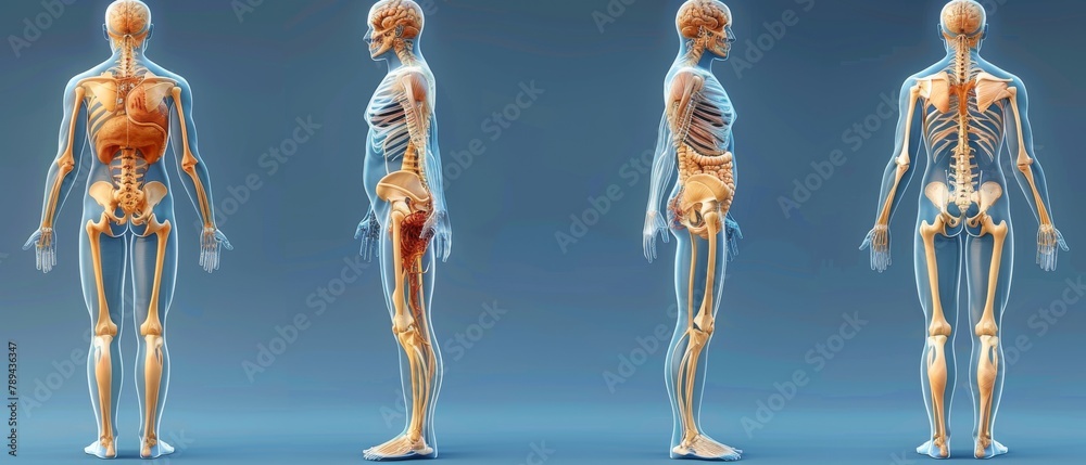Woman's anatomy, front, back, and side views, modern illustration ...