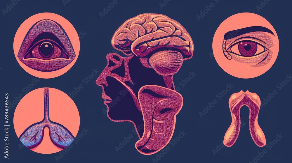Five human senses represented as icons: vision (eye), smell (nose ...