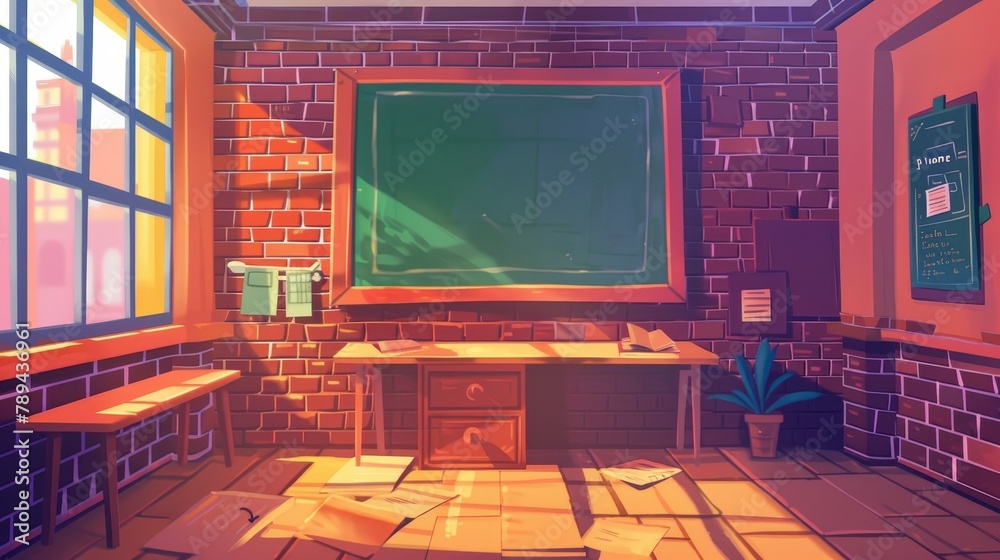 Physics classroom with chalkboard and window cartoon background ...