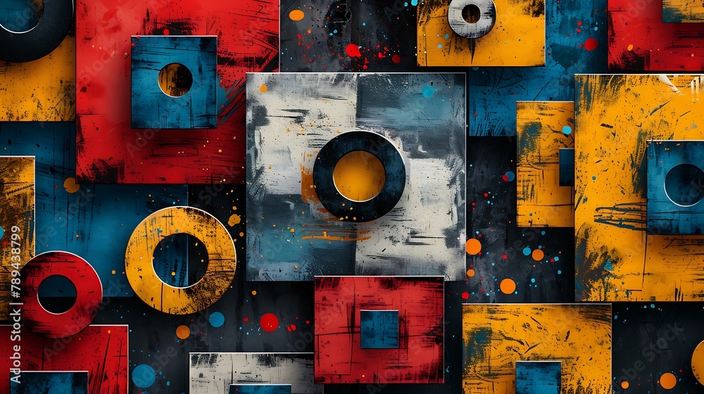 An array of concentric circles and overlapping squares in bold ...