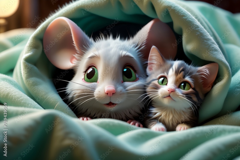 cute cartoon happy white mouse and cat sleeping under the blanket Stock ...
