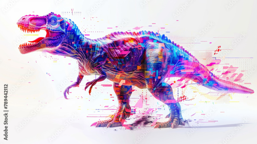 Playful dinosaur in a digital glitch art style, featuring distorted ...