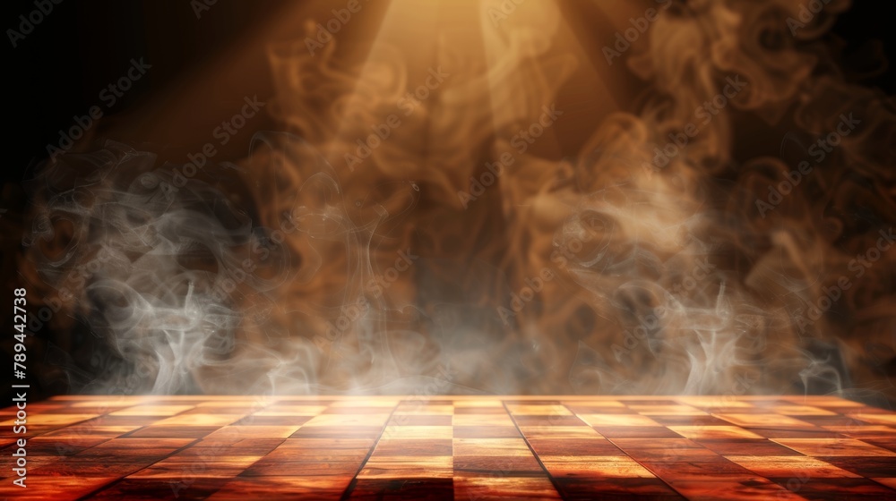 The 3d table top is modeled as a brown wood table with steam or smoke ...