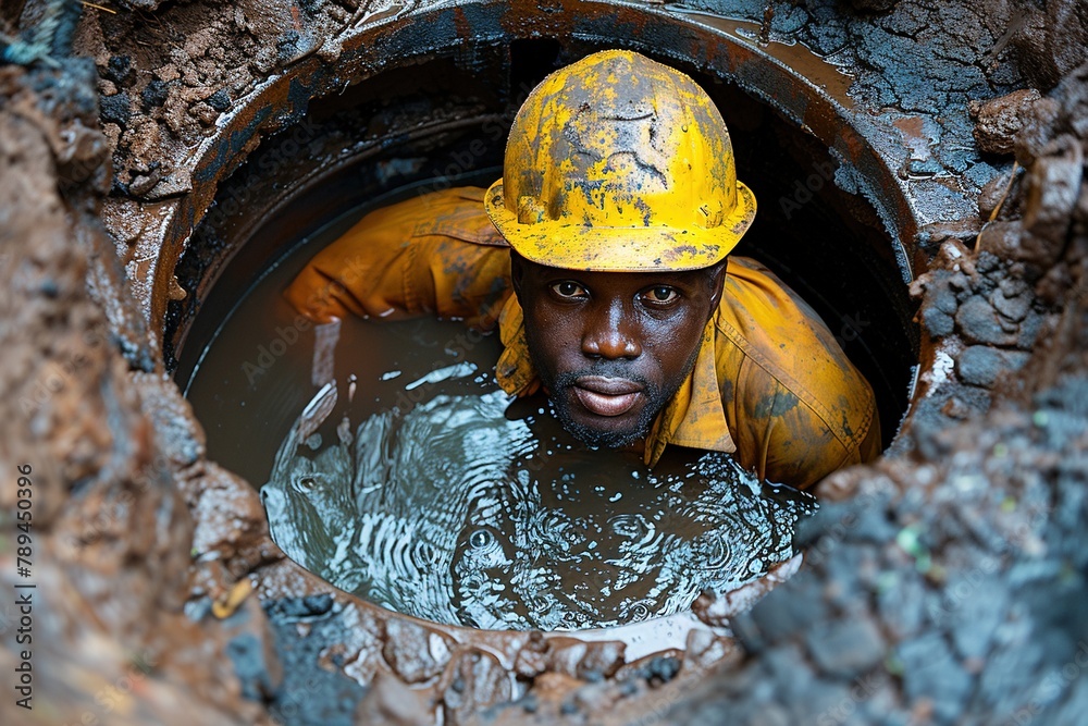 An engineer examining excavation drainage pipe and manhole water system ...