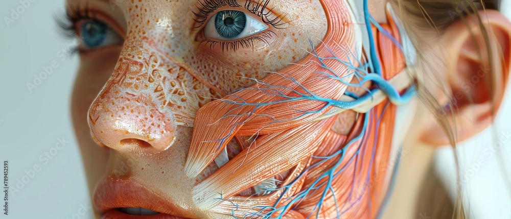 Over a white background, a woman shows part of her face with muscles ...