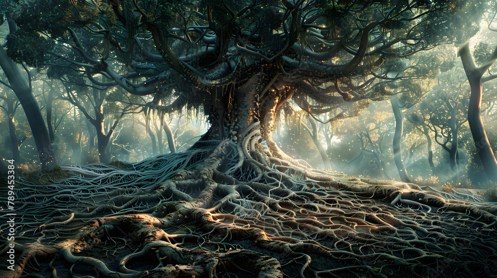 A giant tree standing in a forest. with most of its roots buried under ...