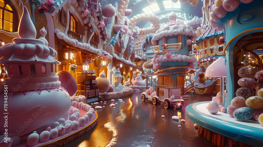 A high-tech candy manufacturing plant with intricate chalets made of ...