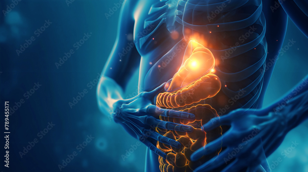 3d x-ray blue medical anatomy of stomach and bowel organs. Digestive ...
