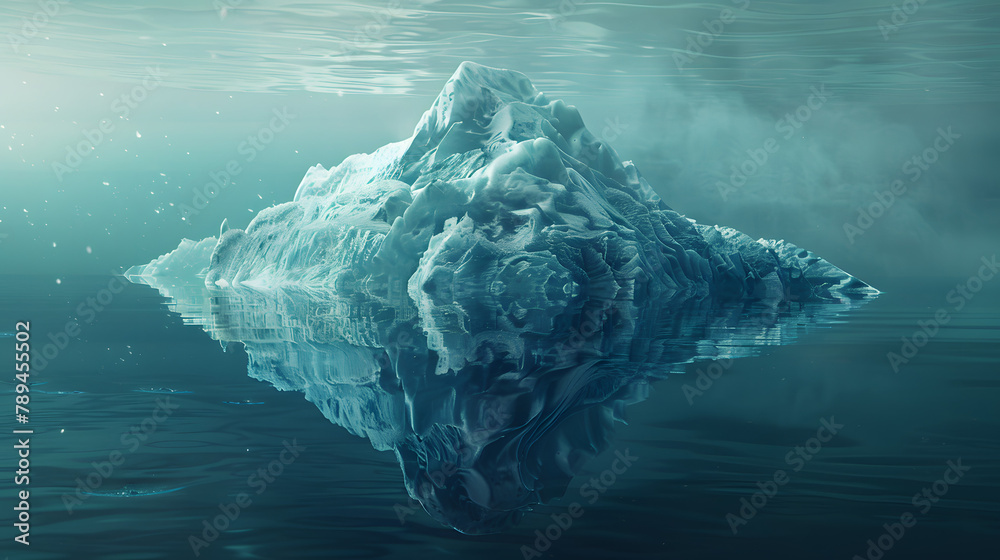 A large iceberg floating in a lake. with most of its mass submerged ...