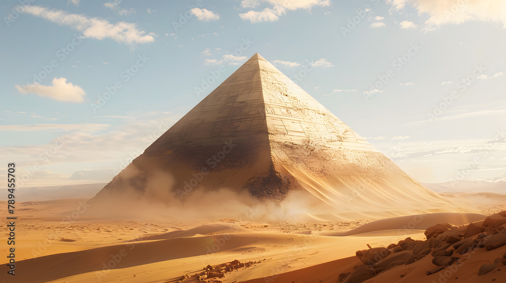 A large pyramid standing in the desert. with most of its structure ...