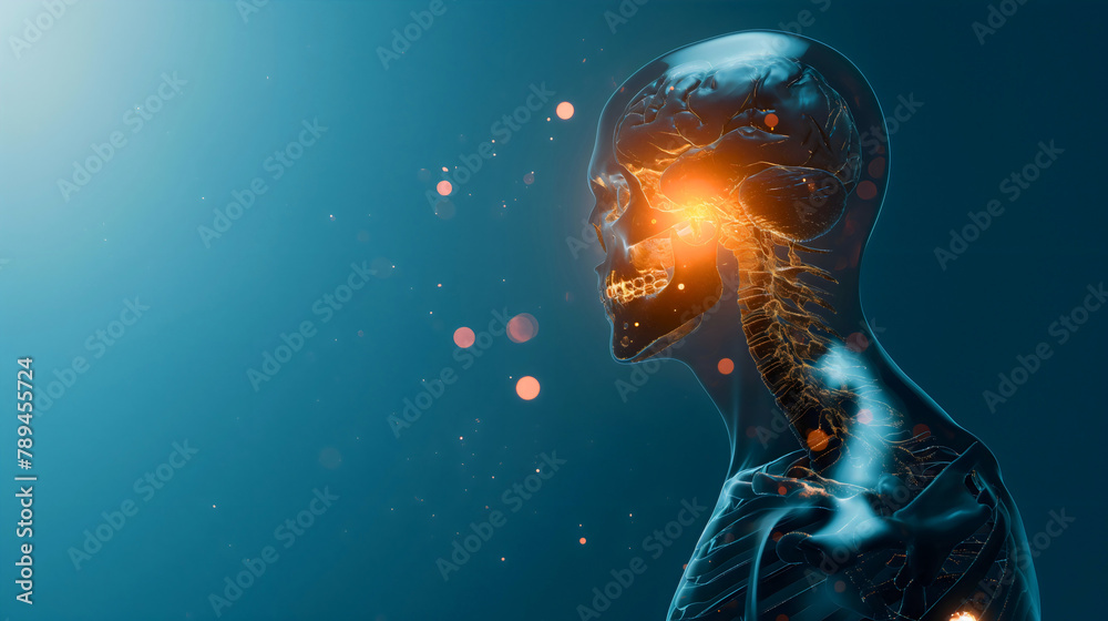 Side view of human skeleton 3d blue x-ray of a headache pain. Brain ...