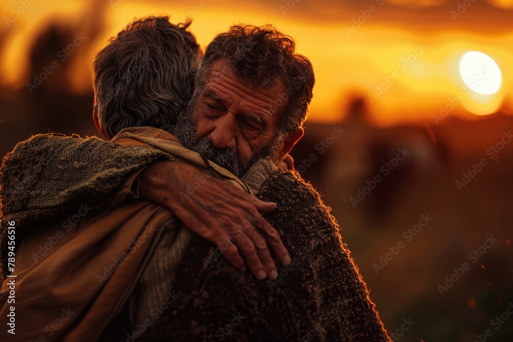 Father embracing his son, Bible story of the prodigal son. Stock Photo ...