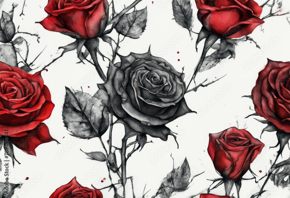 details red made thorns black ink illustration roses rose thorn pattern ...