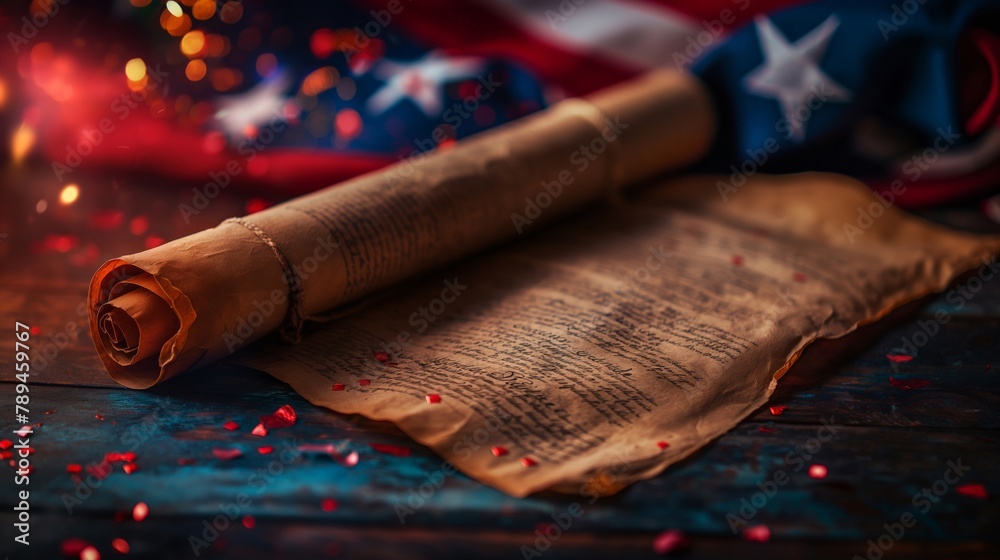 Vintage parchment scroll unfurled against a backdrop of the American ...
