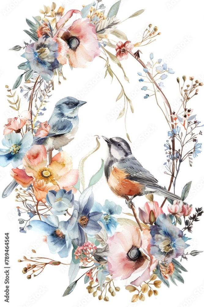 Beautiful wreath of watercolor flowers and birds on a white background ...