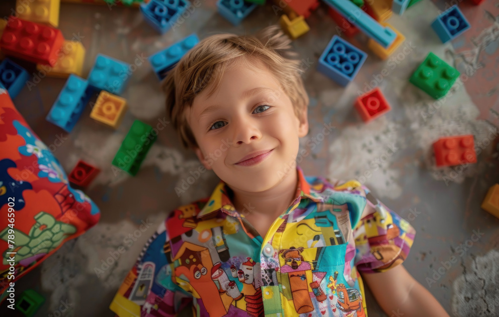 A little boy wearing colorful is lying on the floor with his hands ...