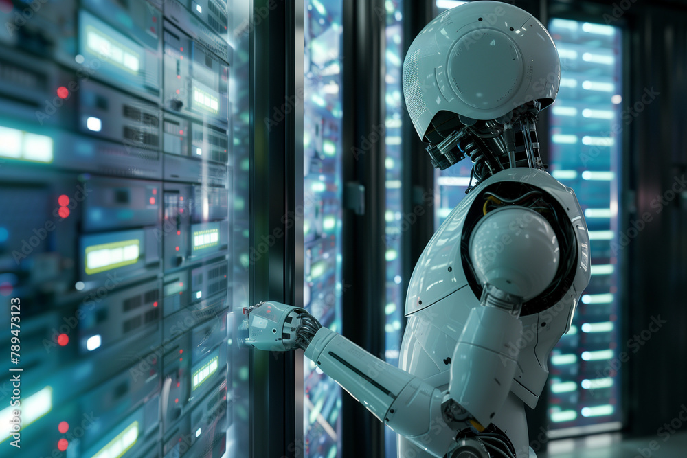 Side View Humanoid Robot in Data Center. Humanoid robot in server room ...