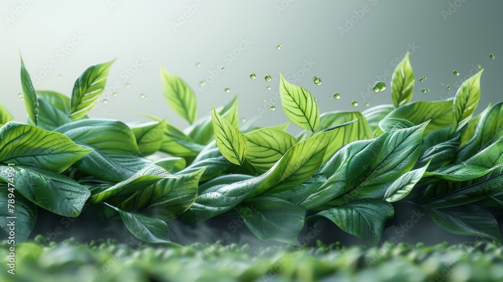 Green tea leaves flying in the air with a high resolution image on a ...