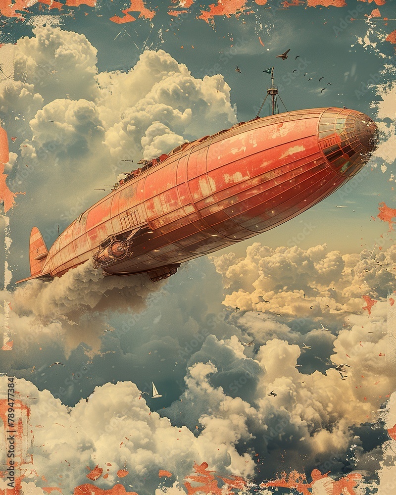 A whimsical steampunk airship soaring through the clouds, retro ...
