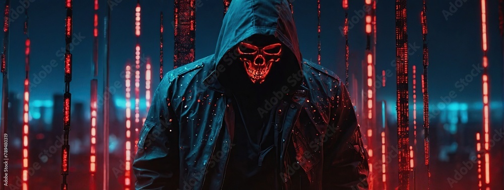 Fraud icons, Abstract digital hacker icon set in futuristic glowing ...