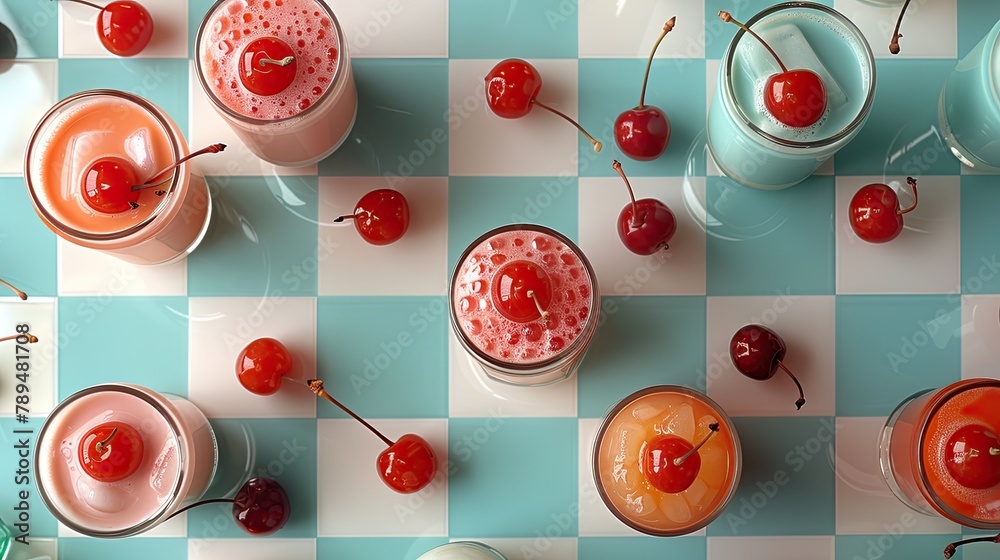 Retro diner-themed decorations with checkerboard patterns on white ...
