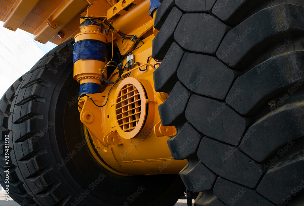 Tires close up. A huge wheel with a tire of a dump truck close-up ...