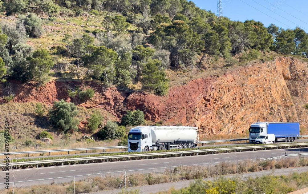 Freight shipping by truck. Semi truck with Semi-trailer driving along ...