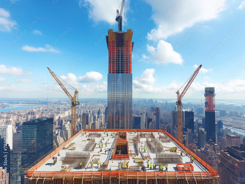 A construction site is visible from the top of a tall building in a ...