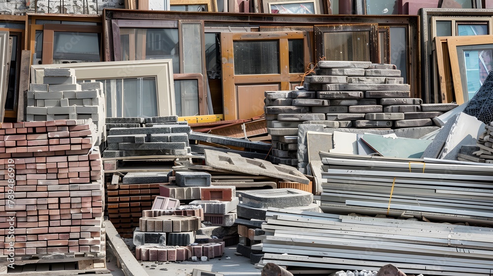 urban mining zero waste, sorted piles of construction materials windows ...