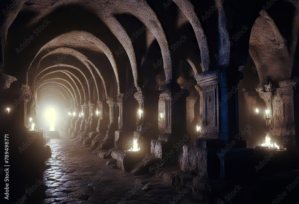 catacombs torches nightmare Rendering Mystical endless medieval 3D ...