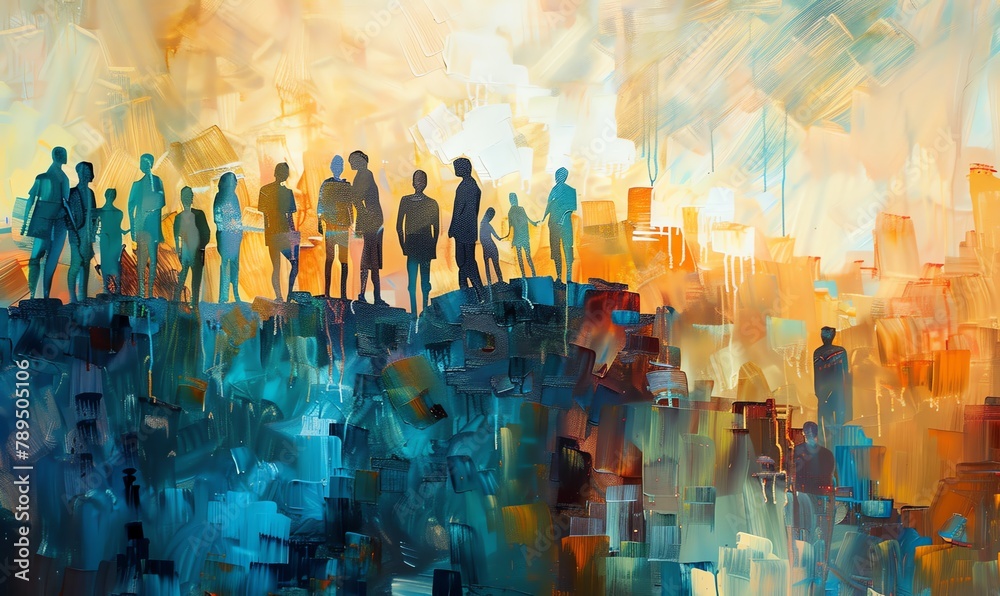 Capture a dynamic oil painting of a diverse group of individuals ...