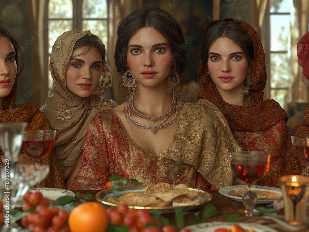 A group of women are sitting at a table with a variety of food and ...