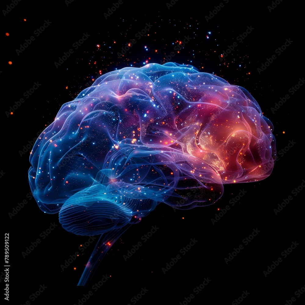 A brain with a galaxy of stars surrounding it. The brain is blue and ...