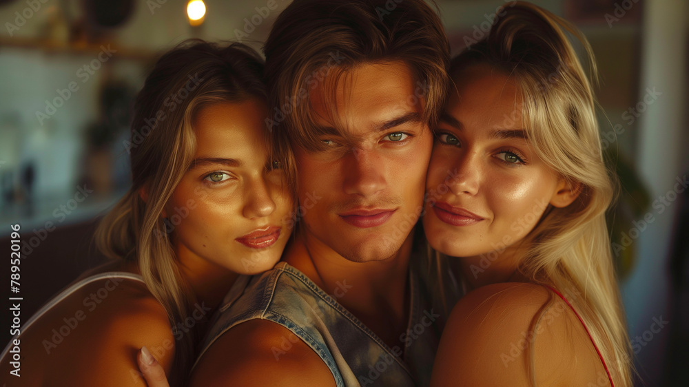 Lovers for three. Three young people in love, close-up portrait. Two ...