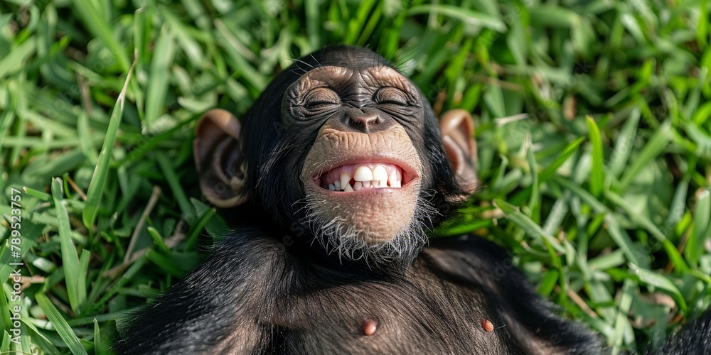 Cute monkey smiling laughing in front of camera on nature background ...