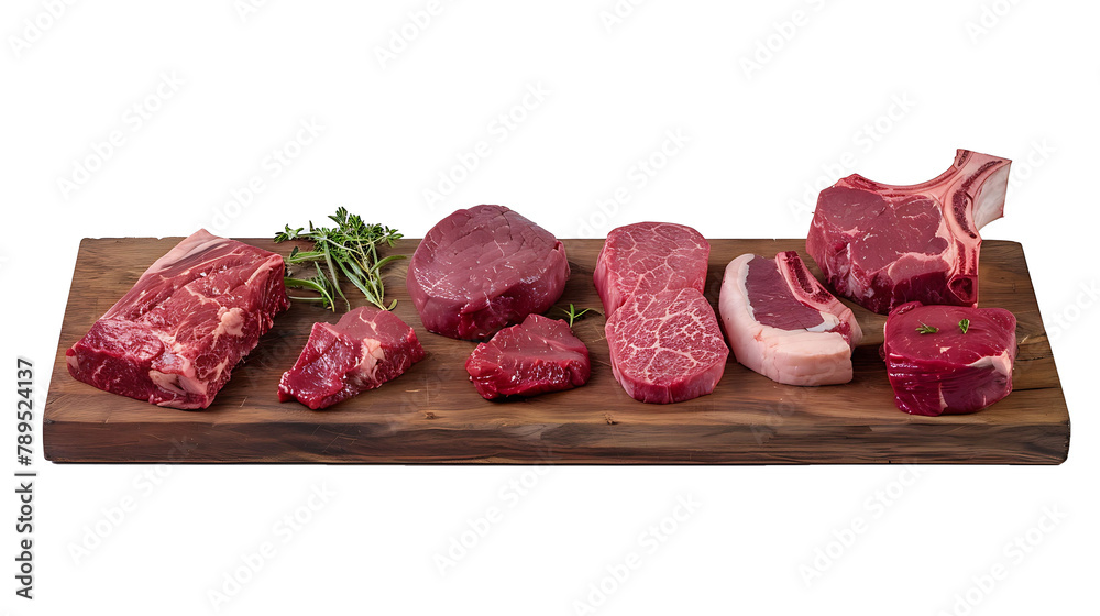 Various cuts of raw beef arranged on a wooden butcher block ...