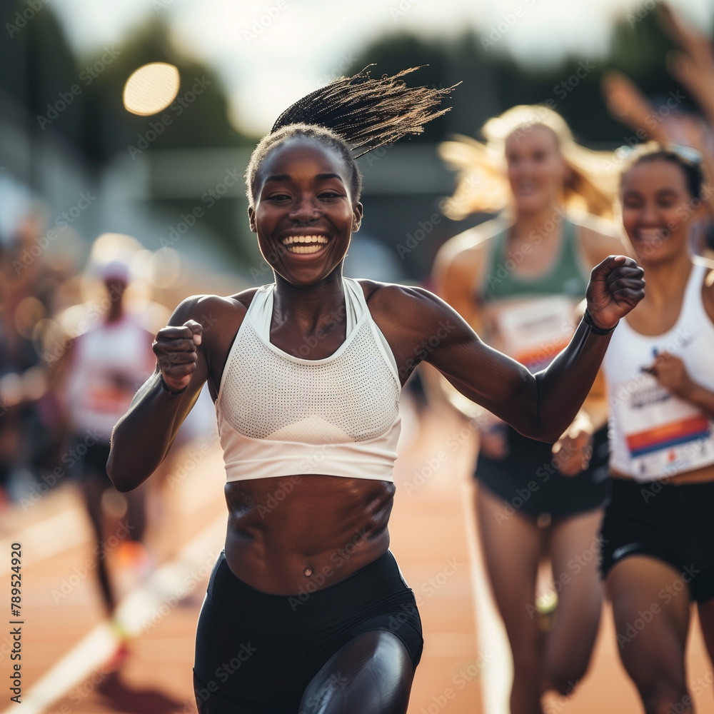 female athlete crosses the finish line first during the 100 meter final ...