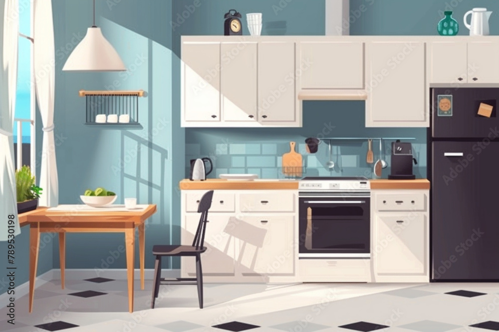 Interior of a cozy kitchen with furniture and appliances. Vector ...