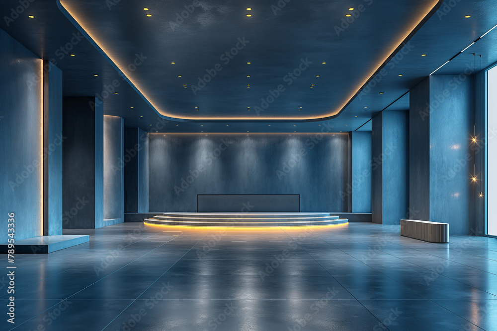 Spacious dark colored lobby. Minimalist conceptual design of high shed ...